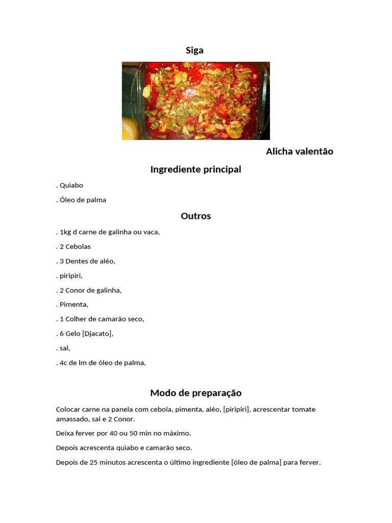 Receita de Siga Alicha com Quiabo | PDF