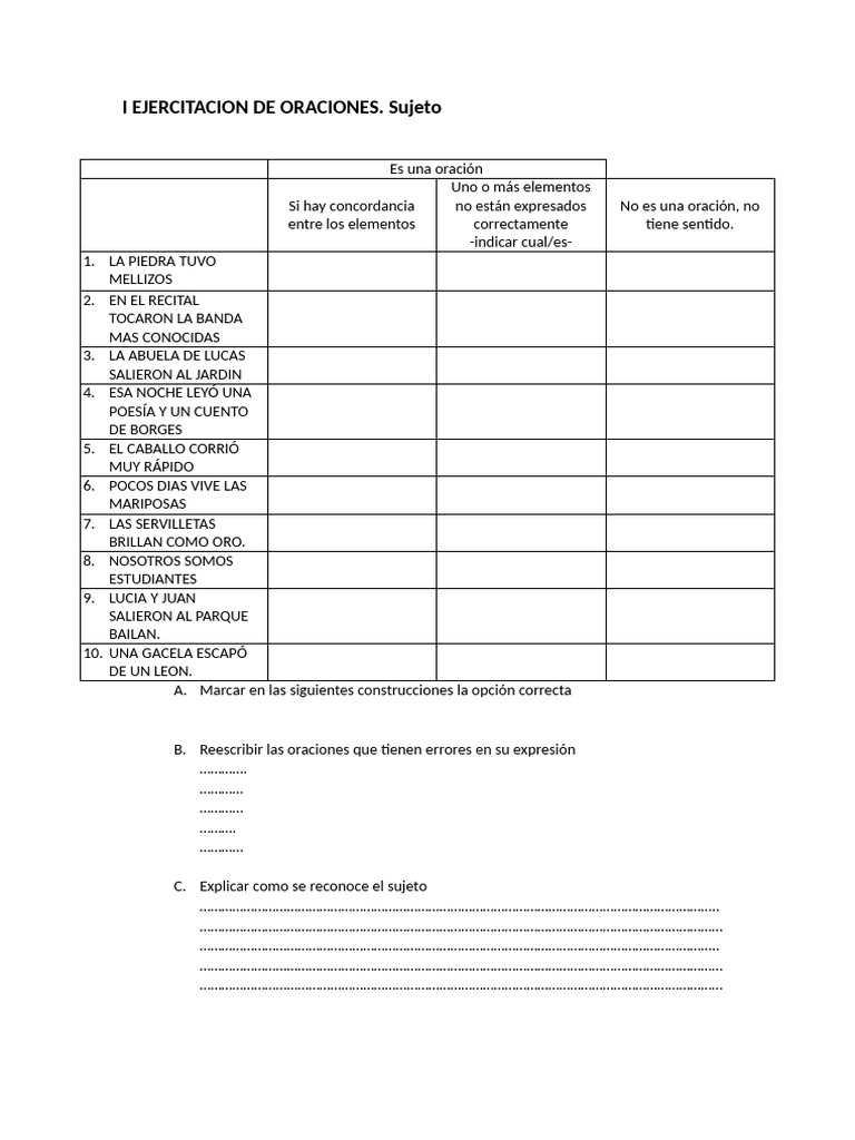 Ejercitacion de Oraciones I - Sujeto y Predicado | PDF