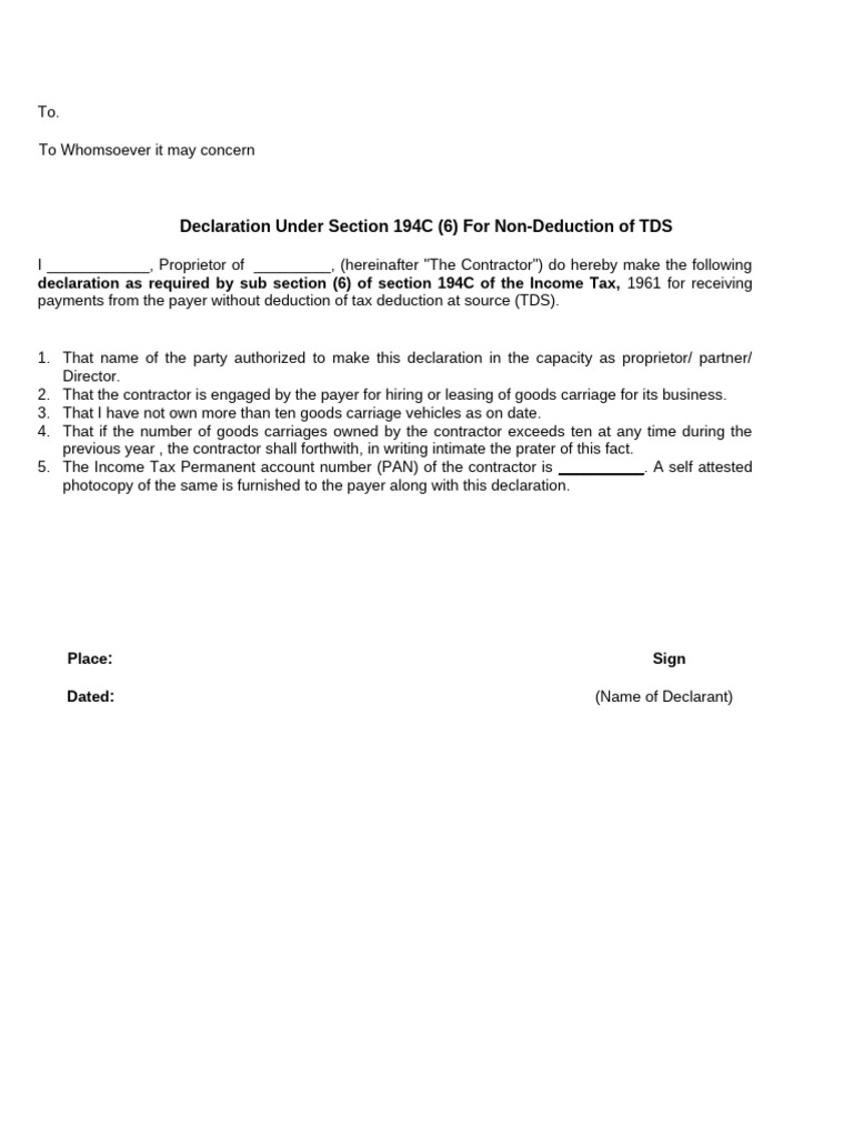 Declaration Under Section 194C 6 For Non Deduction of TDS | PDF