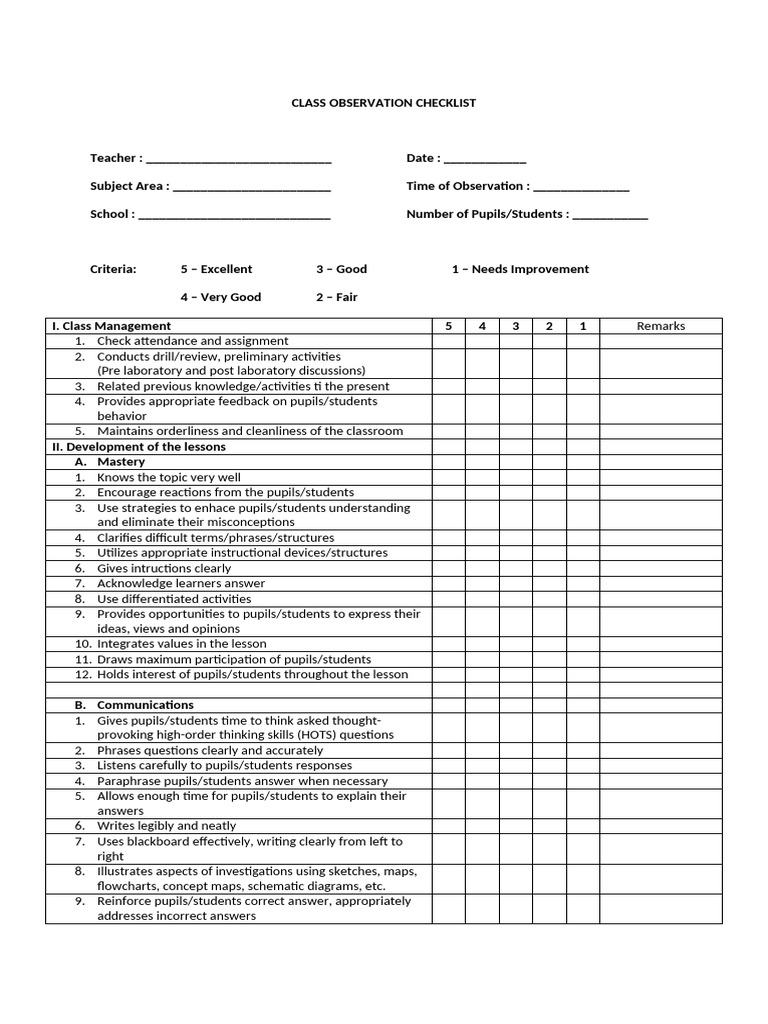Observation Class Checklist | PDF | Classroom | Teachers
