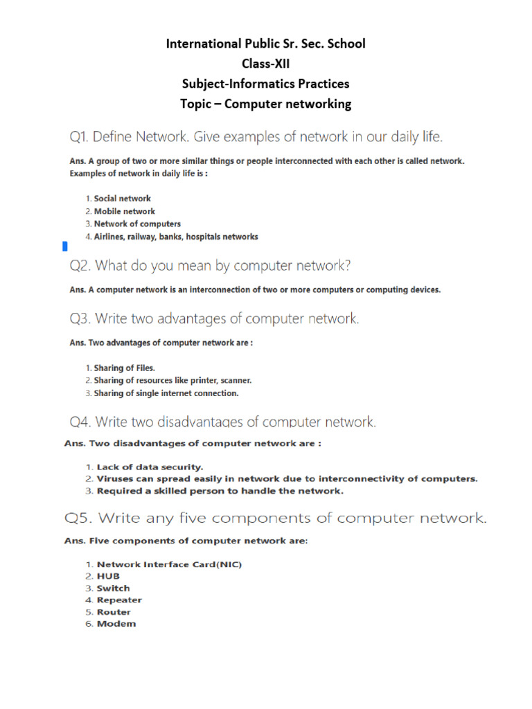 NCERT Solutions For Class 12 Networking | PDF