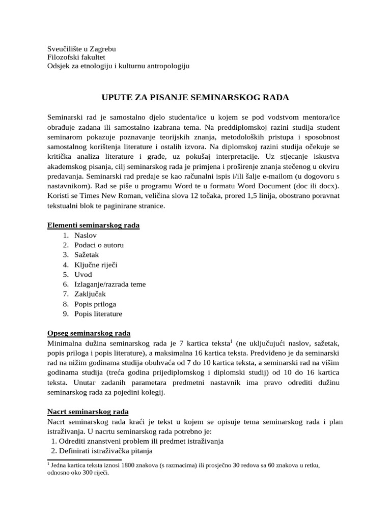 Revidirane Upute Za Seminarski Rad - 2501 | PDF