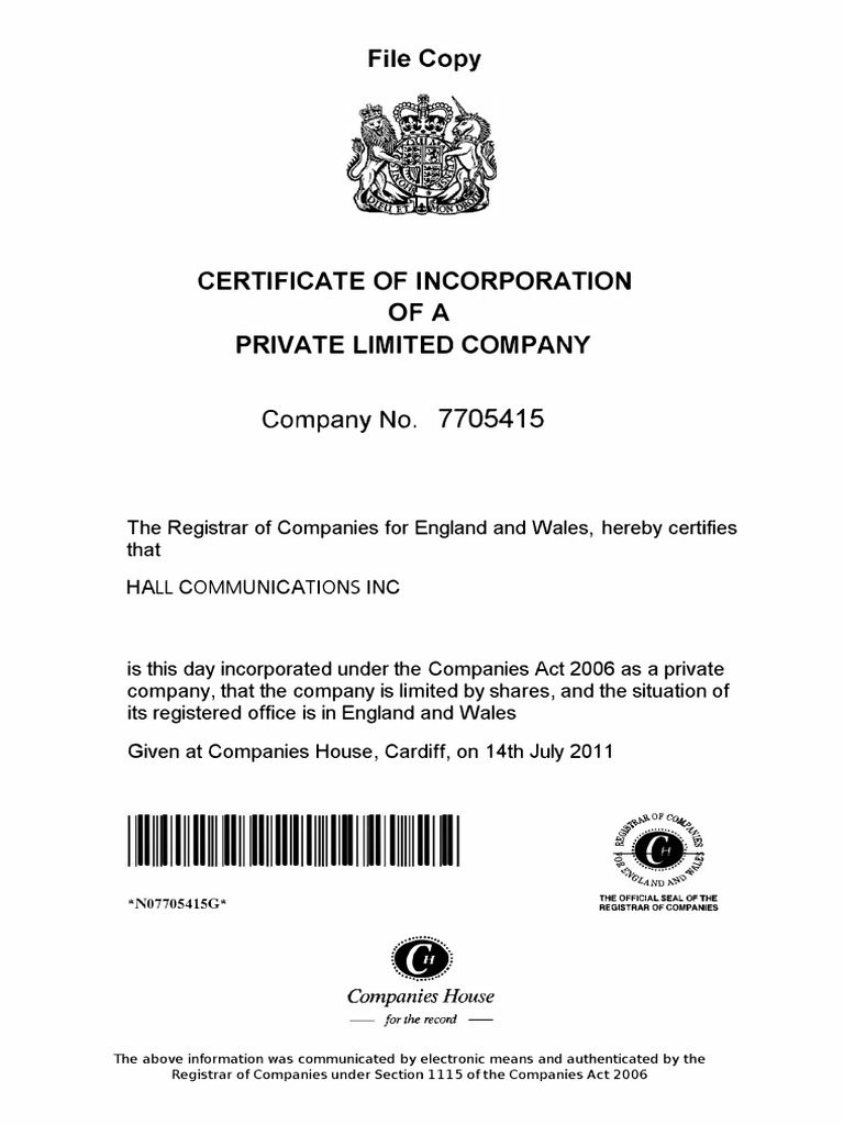 Incorporation Certificate for Hall Communications Inc | PDF | Corporate ...