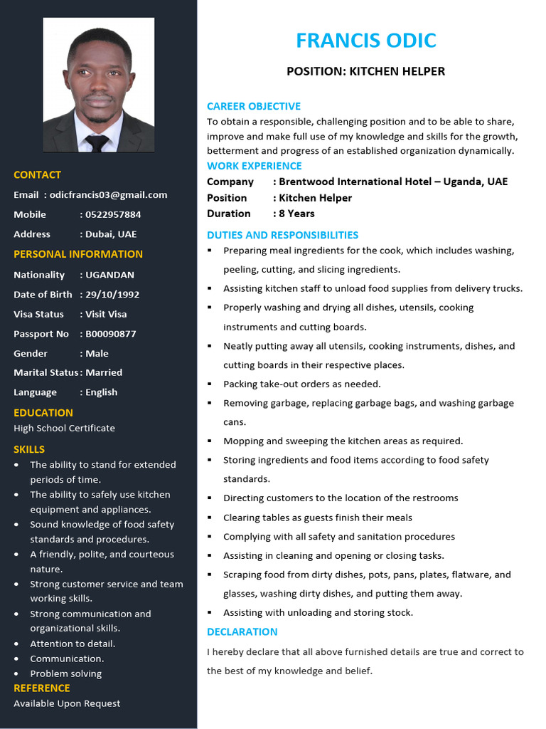 Francis Odic - Kitchen Helper CV | PDF | Kitchen | Kitchen Utensil