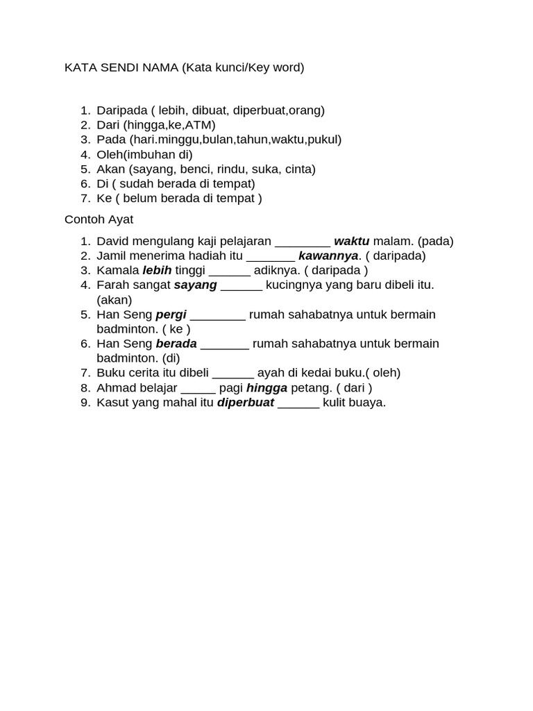 Panduan Kata Sendi Nama dalam Bahasa Melayu | PDF