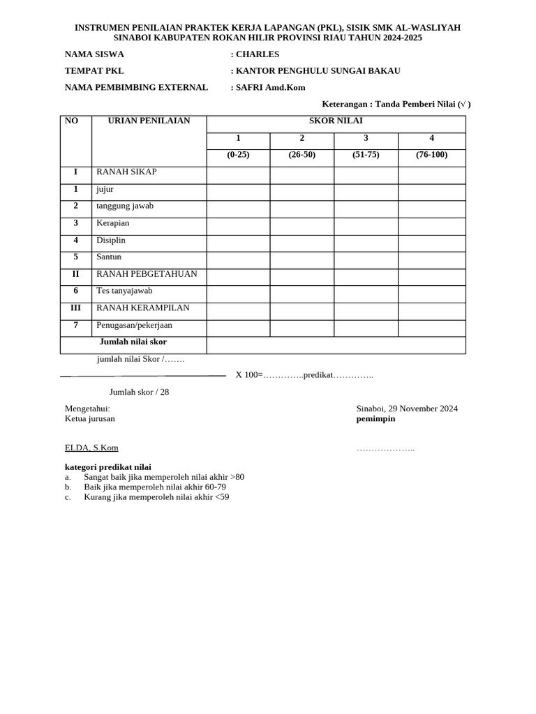 Instrumen Penilaian Praktek Kerja Lapangan | PDF