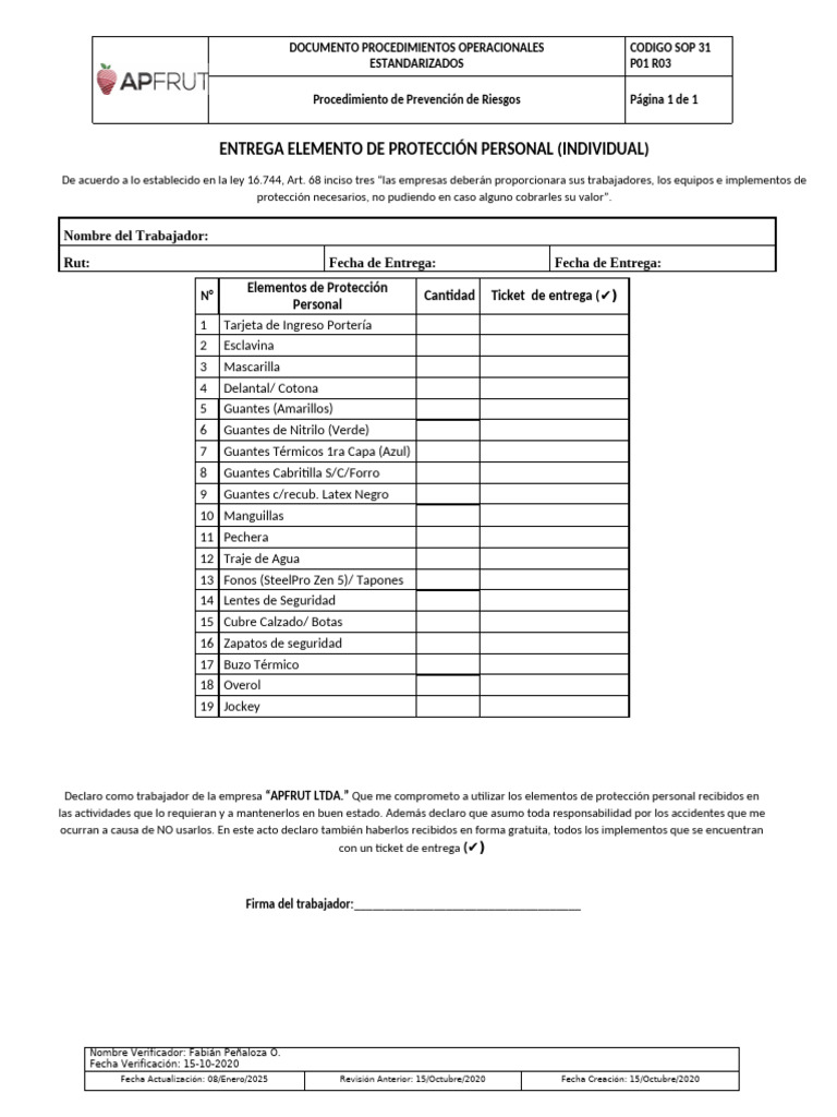 Entrega de EPP Individual (SOP31 P01 R03) | PDF