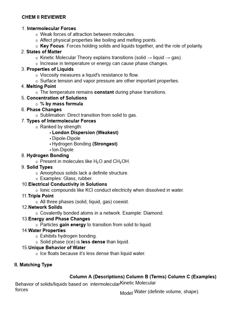 CHEM 2 Reviewer | PDF | Intermolecular Force | Liquids