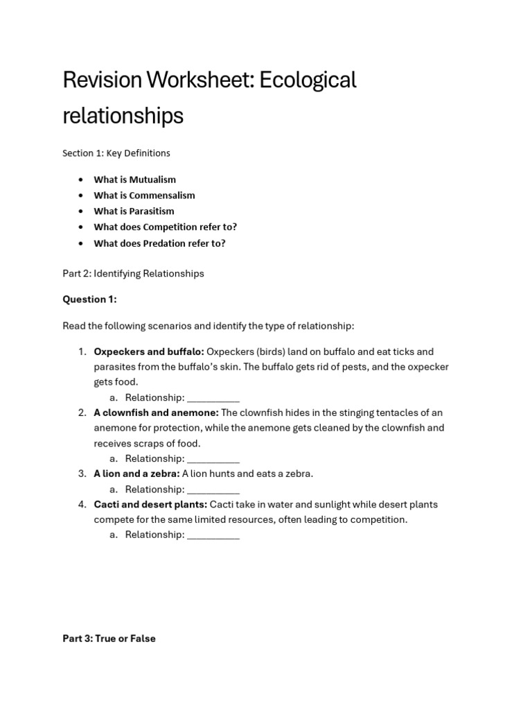 Revision Worksheet Ecological Relationships | PDF