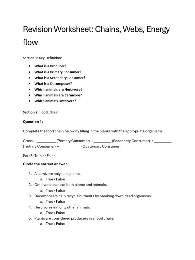 Food Chain and Web Revision Worksheet | PDF