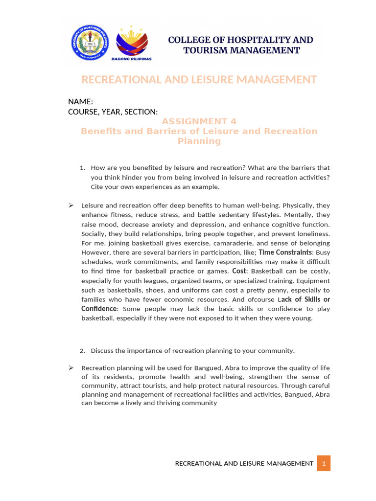 ACT-4-AND-ASSIG-4-RECREATIONAL-AND-LEISURE-MANAGEMENT | PDF ...