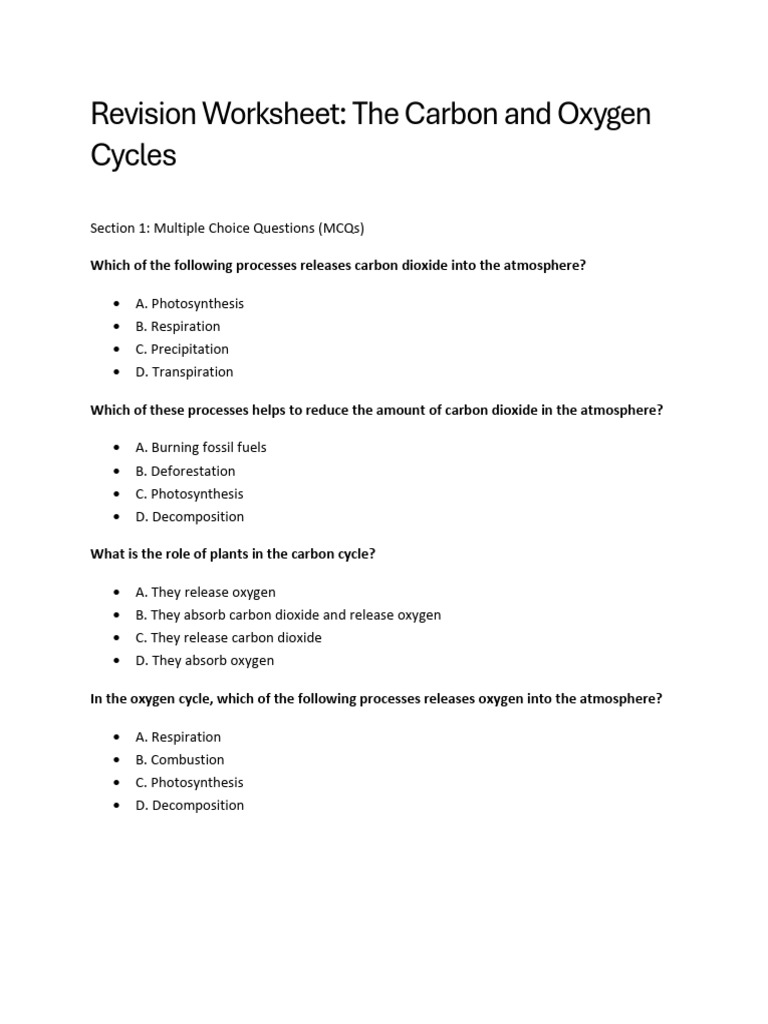Revision Worksheet= Carbon-Oxygen Cycles | PDF