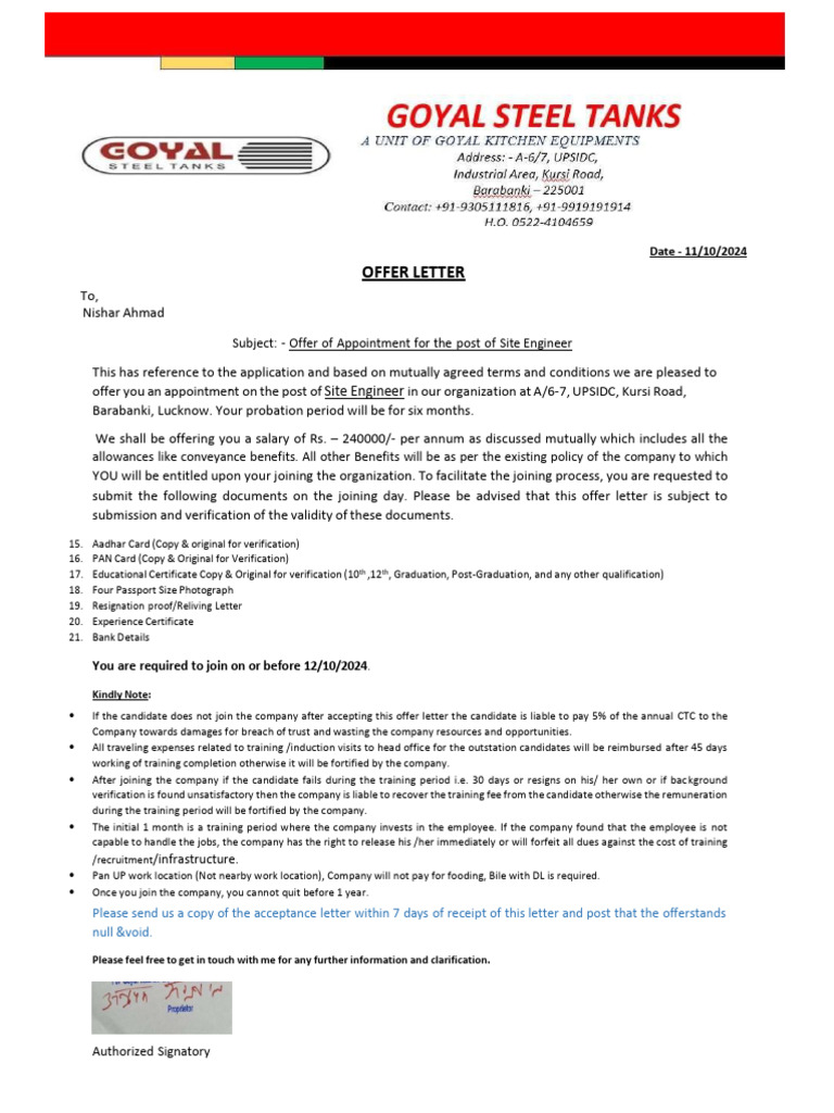 offer letter -Nishar Ahmad | PDF