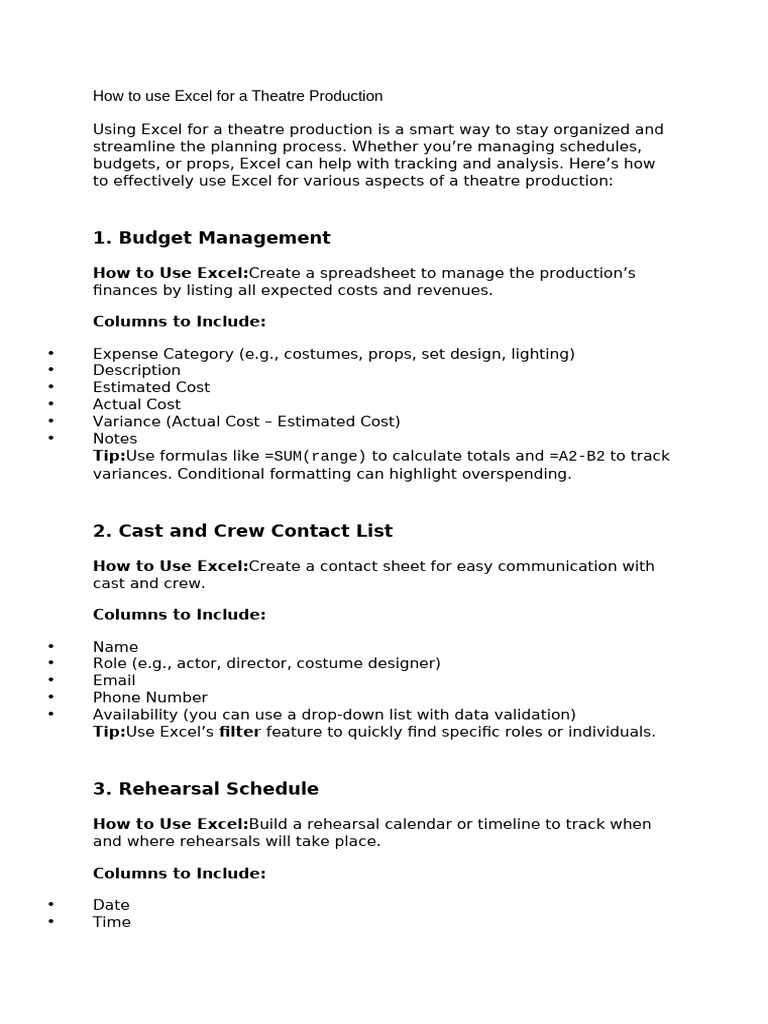 How to use Excel for a Theatre Production | PDF | Microsoft Excel ... How to use Excel for a Theatre Production | PDF | Microsoft Excel ...