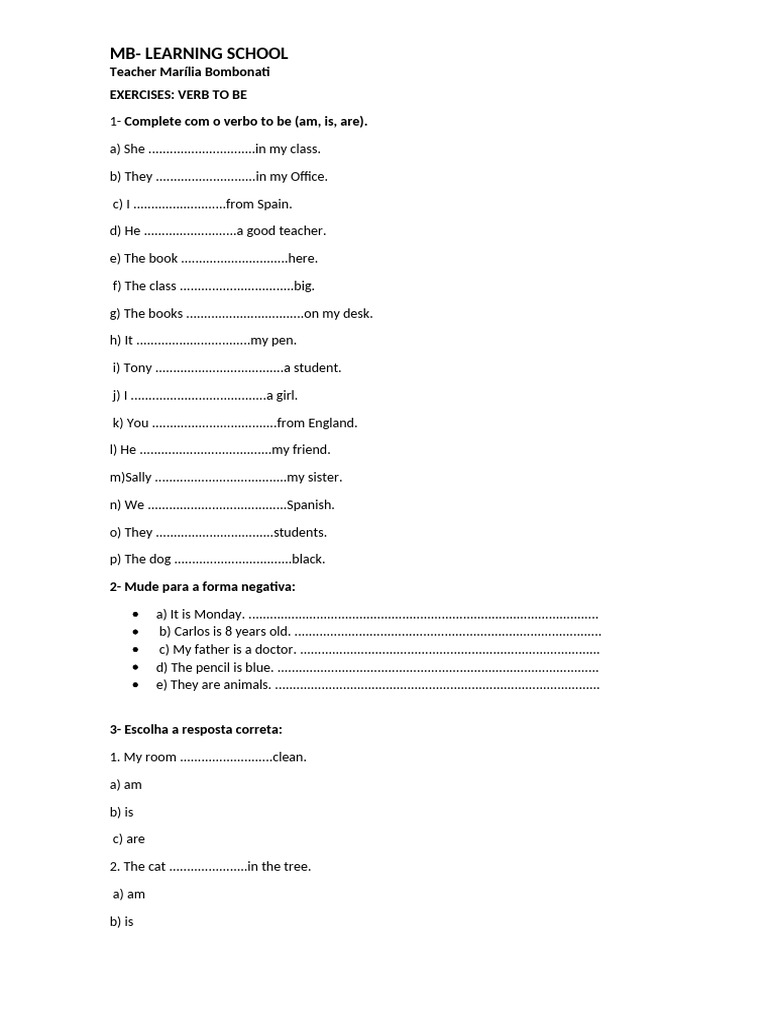 Exercises on Verb "To Be" | PDF