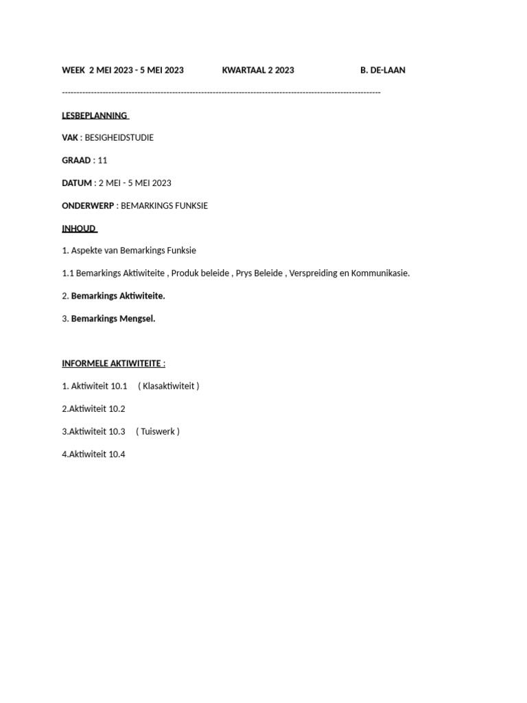 2-5 Mei 2023 Besigheidstudie Graad 11 Beplanning | PDF