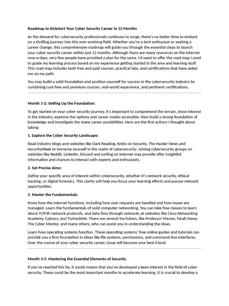 Roadmap To Kickstart Your Cyber Security Career in 12 Months | PDF | Security | Computer Security