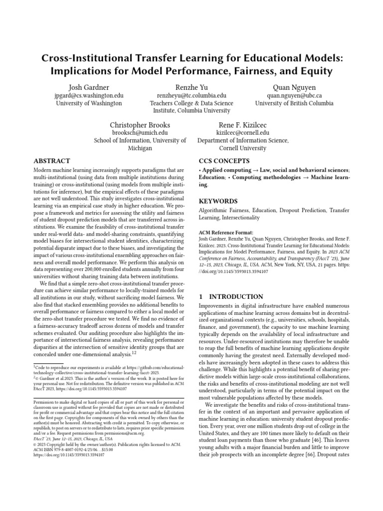 Cross-Institutional Transfer Learning for Educational Models Implications for Model Performance ...