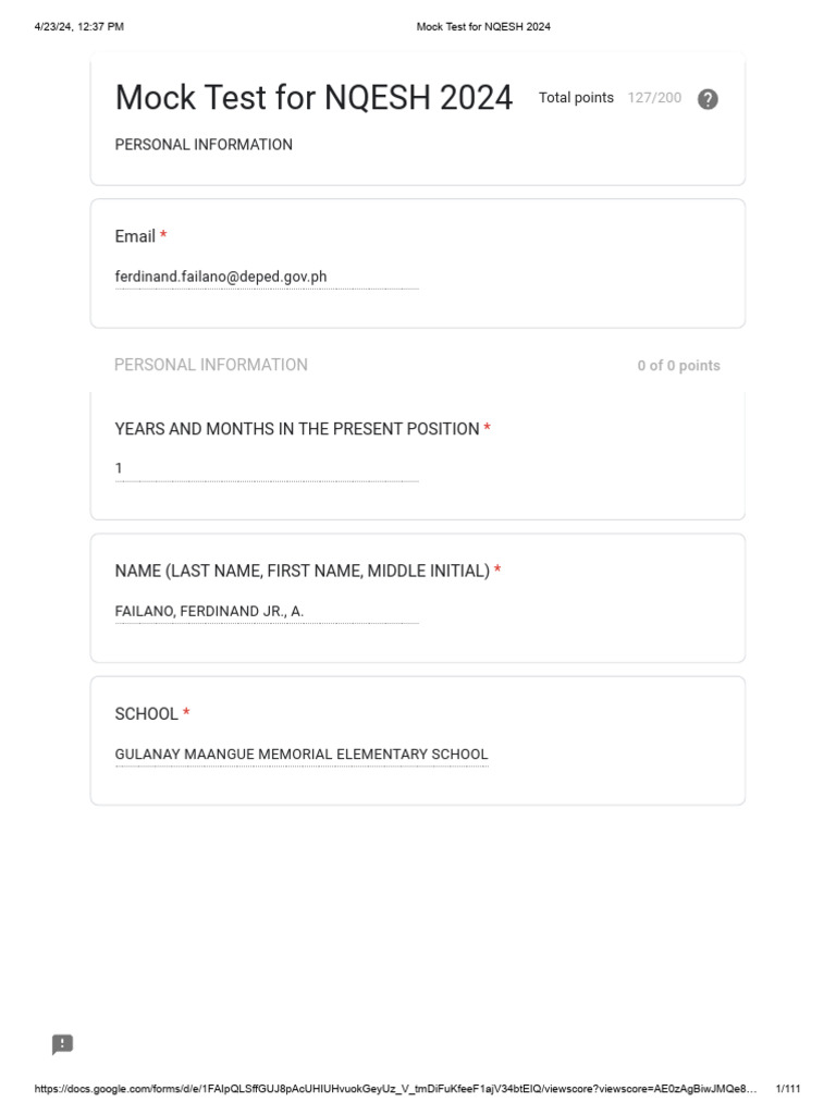 NQESH 2024 Mock Test Results | PDF | Educational Assessment | Learning