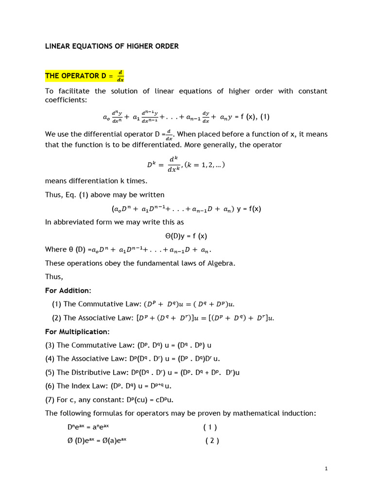 Linear Equations of Higher Order | PDF | Differential Calculus | Ordinary Differential Equation