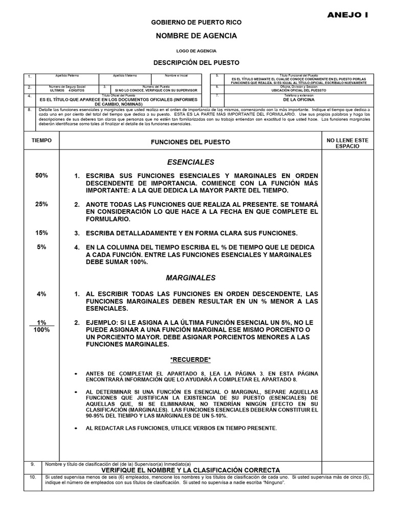 INSTRUCCIONES - HOJA DE DESCRIPCIÓN DEL PUESTO - ANEJO I | PDF