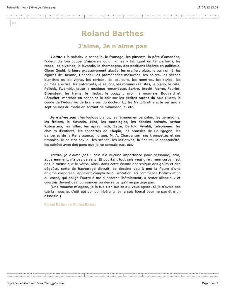 Roland Barthes - J'aime, Je N'aime Pas | PDF