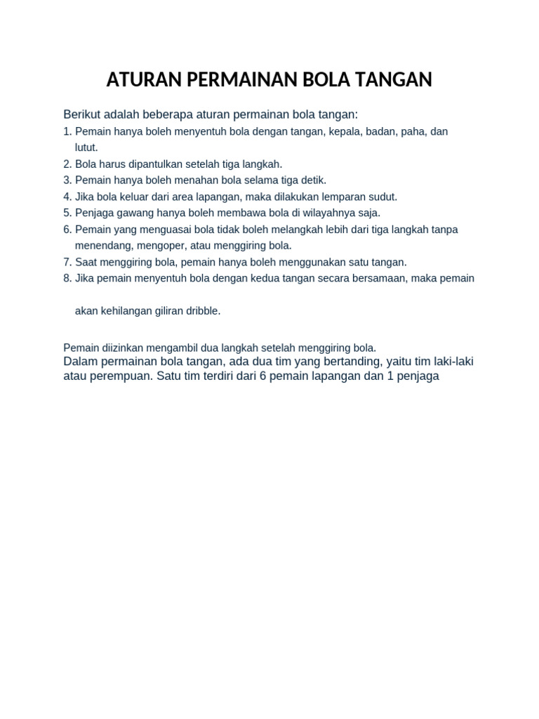 Aturan Dasar Permainan Bola Tangan | PDF