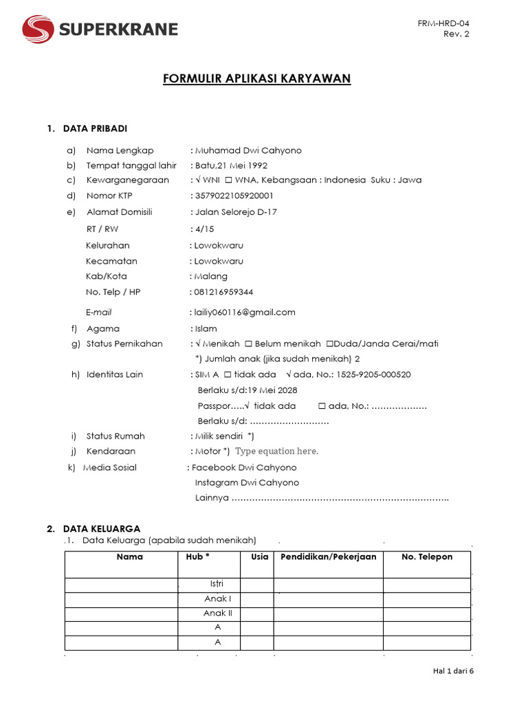FRM-HRD-04 Formulir Aplikasi Karyawan Rev-2 | PDF