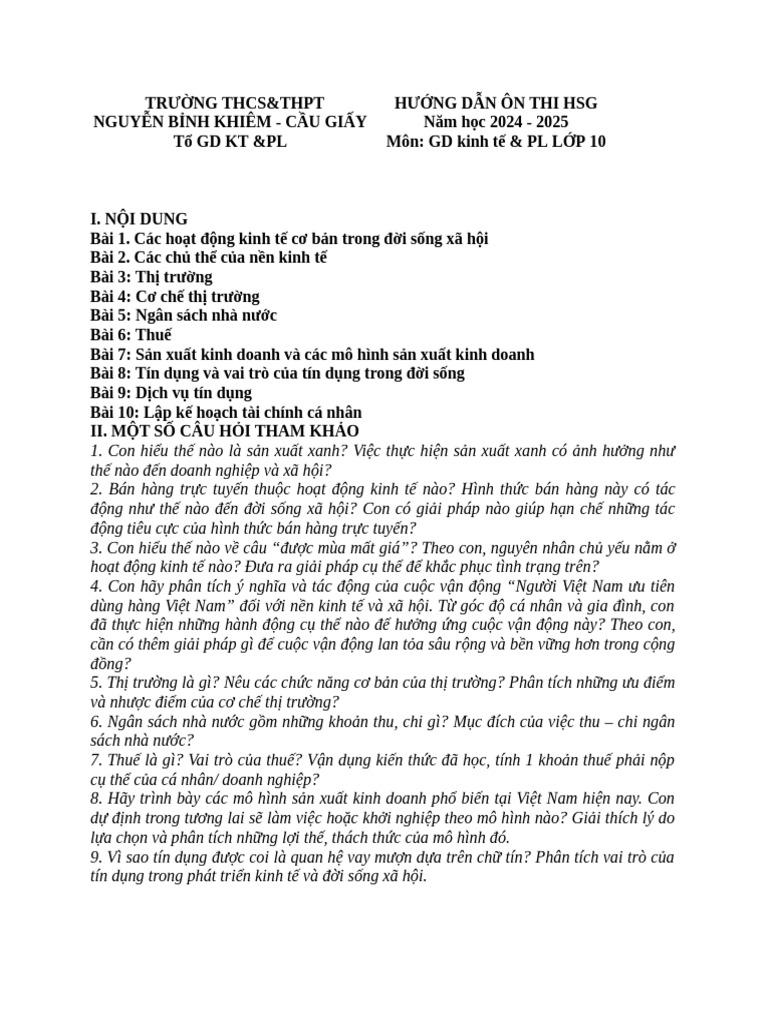 Đề cương ôn thi HSG KTPL 10 | PDF