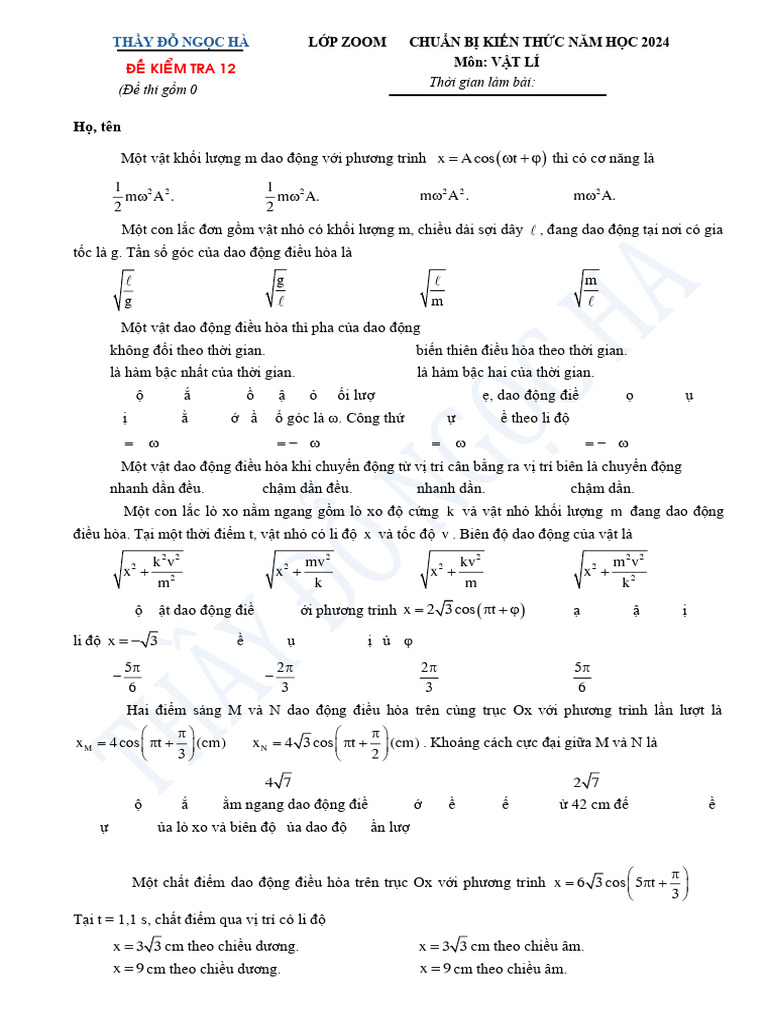 Đề Kiểm Tra 12 - Zoom-Vl11 2k8 (3) | PDF
