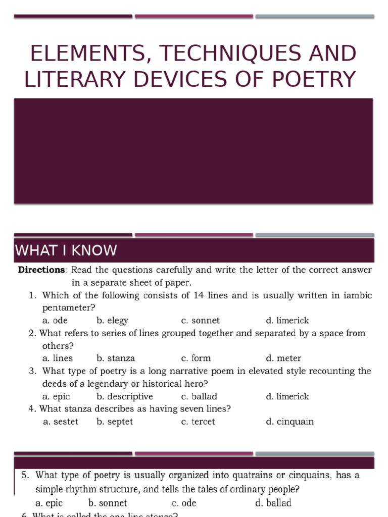 Poetry: Elements and Techniques | PDF | Poetry | Metre (Poetry)
