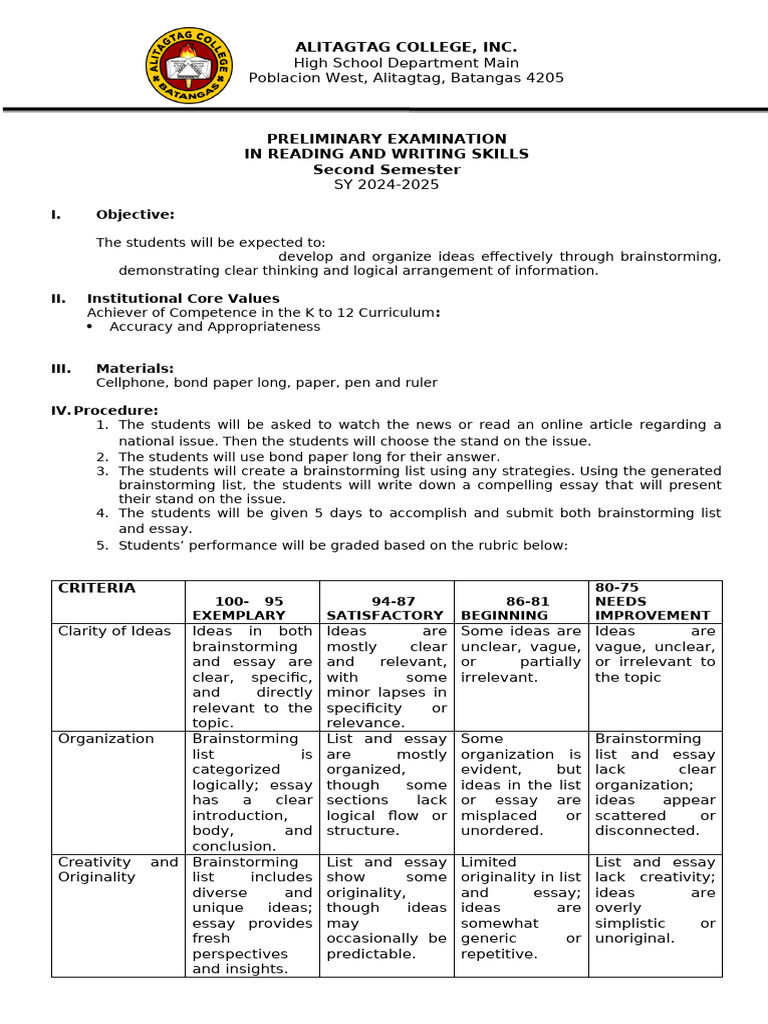 Prelim - Reading and Writing Skills - 2024 2025 | PDF | Essays | Brainstorming