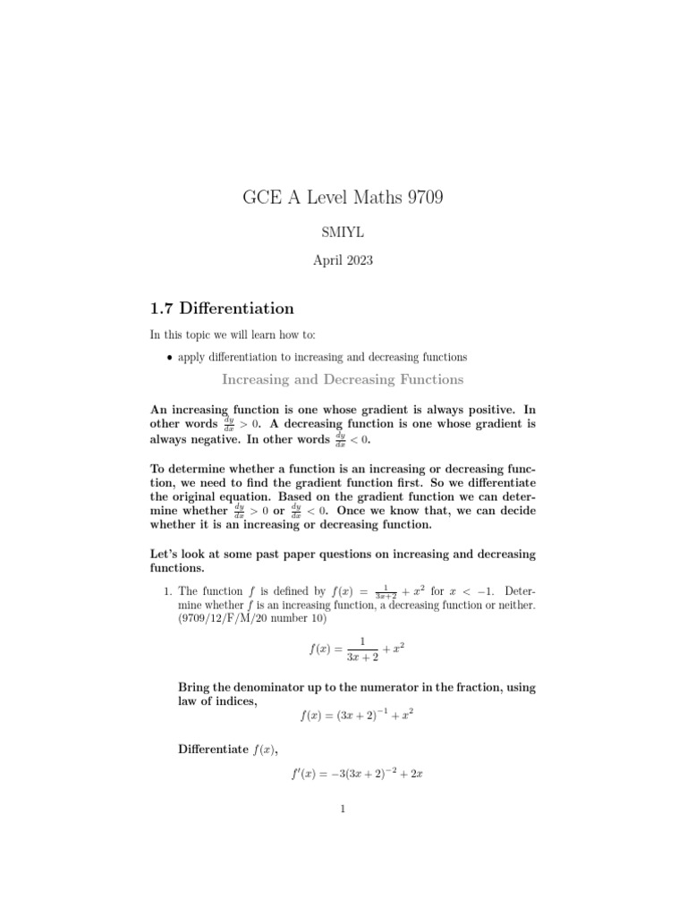 GCE AS Level Differentiation Increasing and Decreasing Functions | PDF ...