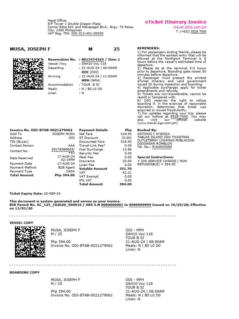 2GO Travel - Itinerary Receipt | PDF | Fee | Legal Liability