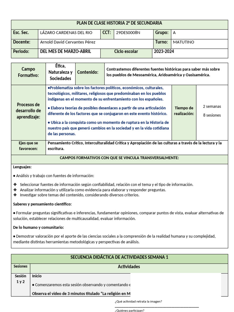 Plan de Clase: Historia 2° Secundaria | PDF | Mesoamérica | Papa