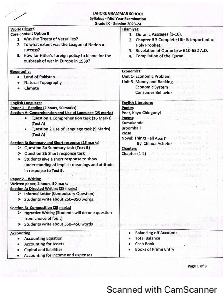 Grade 9 Syllabus ( First Term 23-24) | PDF
