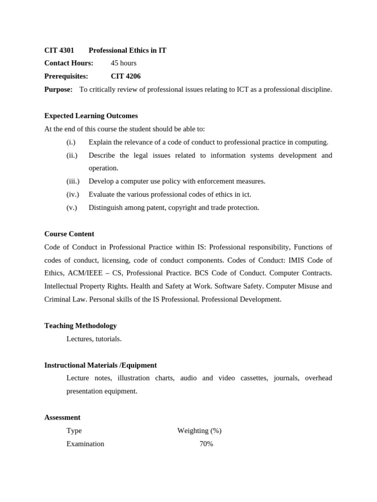 CIT 4301professional Ethics in IT Course Outline | PDF | Educational ...