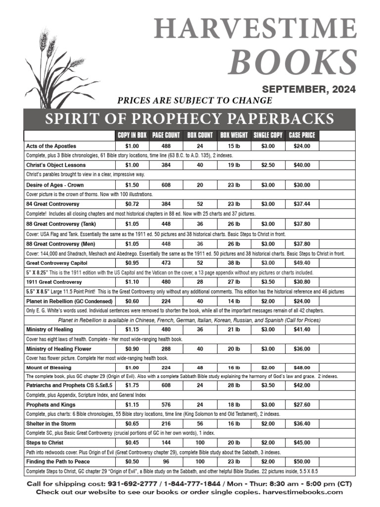 Book & Price list | PDF | Bible | Seventh Day Adventist Church