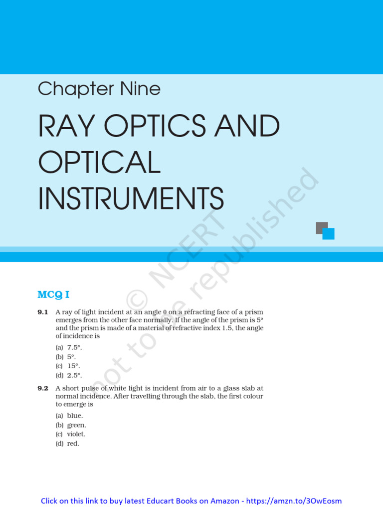 CLASS XII PHYSICS EXEMPLAR PROBLEMS Unit 9 (Ray Optics and Optical Instruments) | PDF | Optics ...