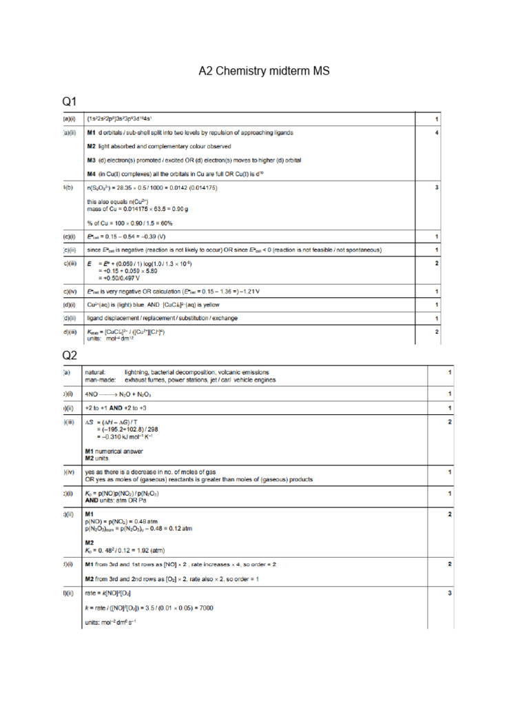 A2 Chemistry Midterm MS | PDF