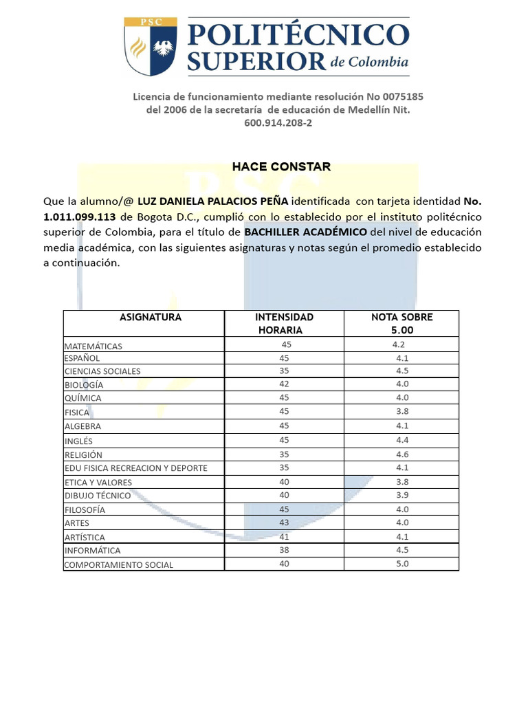Sabana de Notas No. 1.011.099.113 | PDF