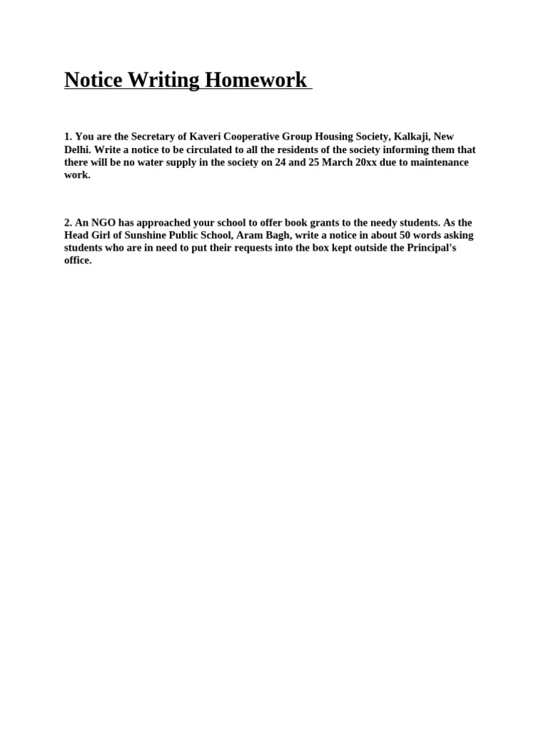 Notice Writing Homework | PDF
