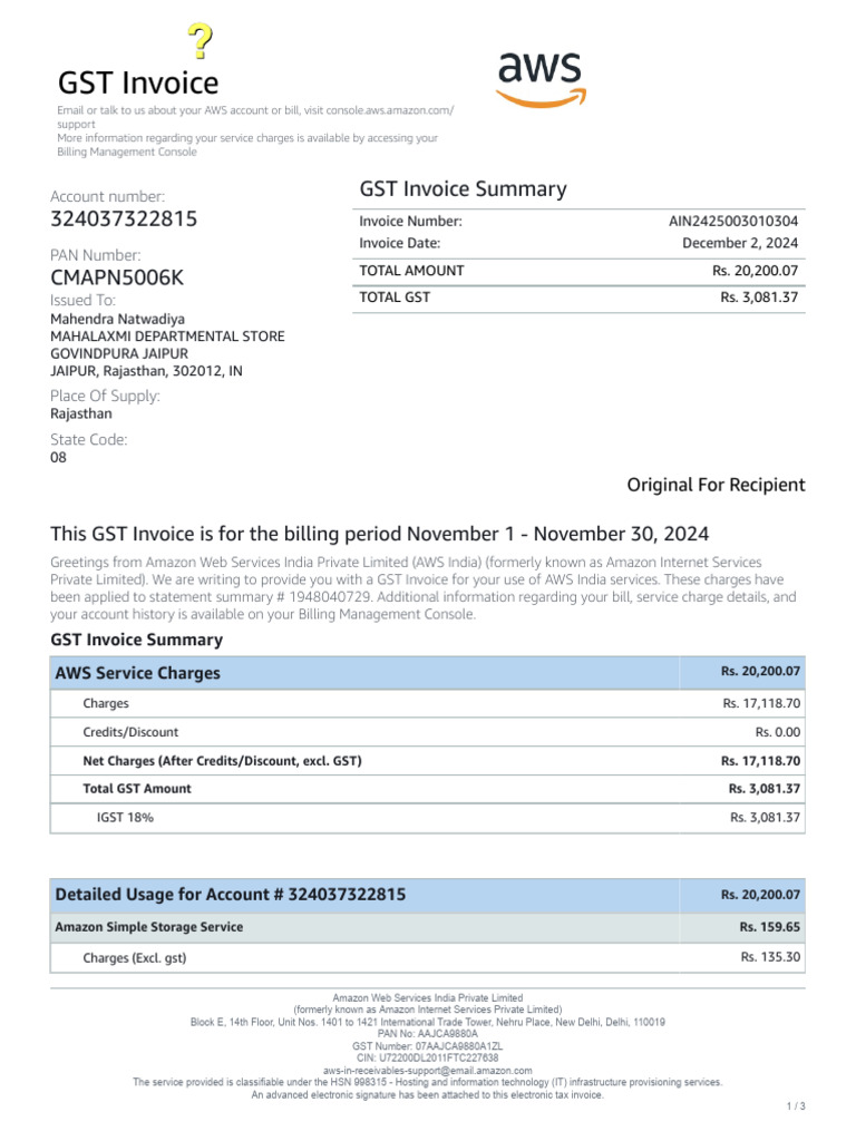TaxInvoice AIN2425003010304 | PDF | Amazon Web Services | Invoice