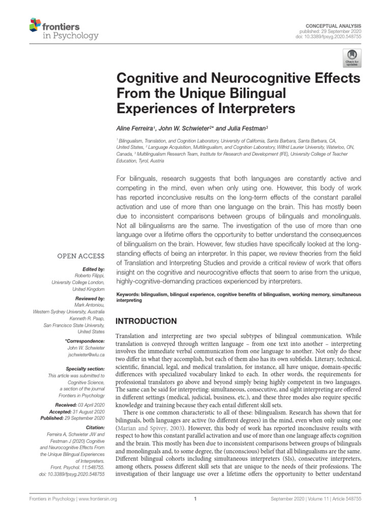Cognitive and Neurocognitive Effects From The Unique Bilingual Experiences of Interpreters | PDF ...