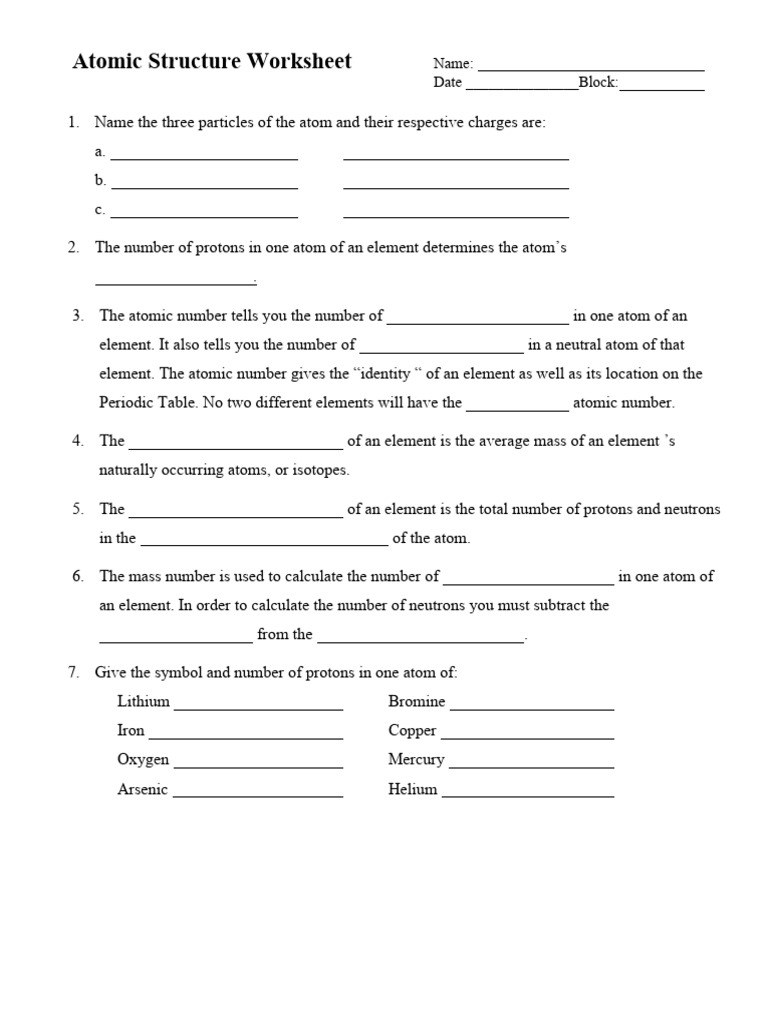 Atomic Structure Worksheet | PDF | Chemical Elements | Atoms