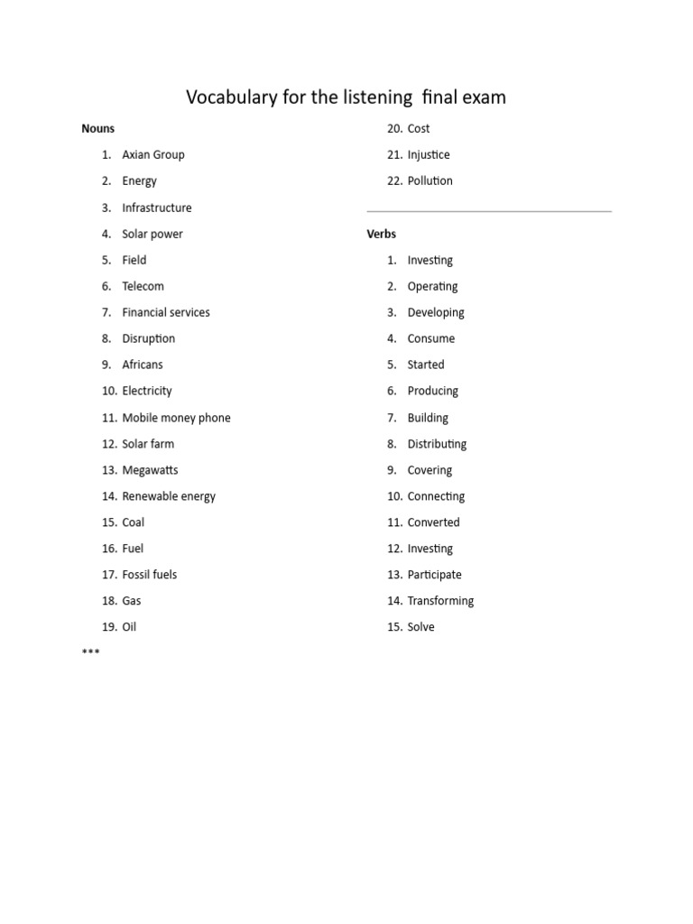 Vocabulary For The Listening Final Exam | PDF