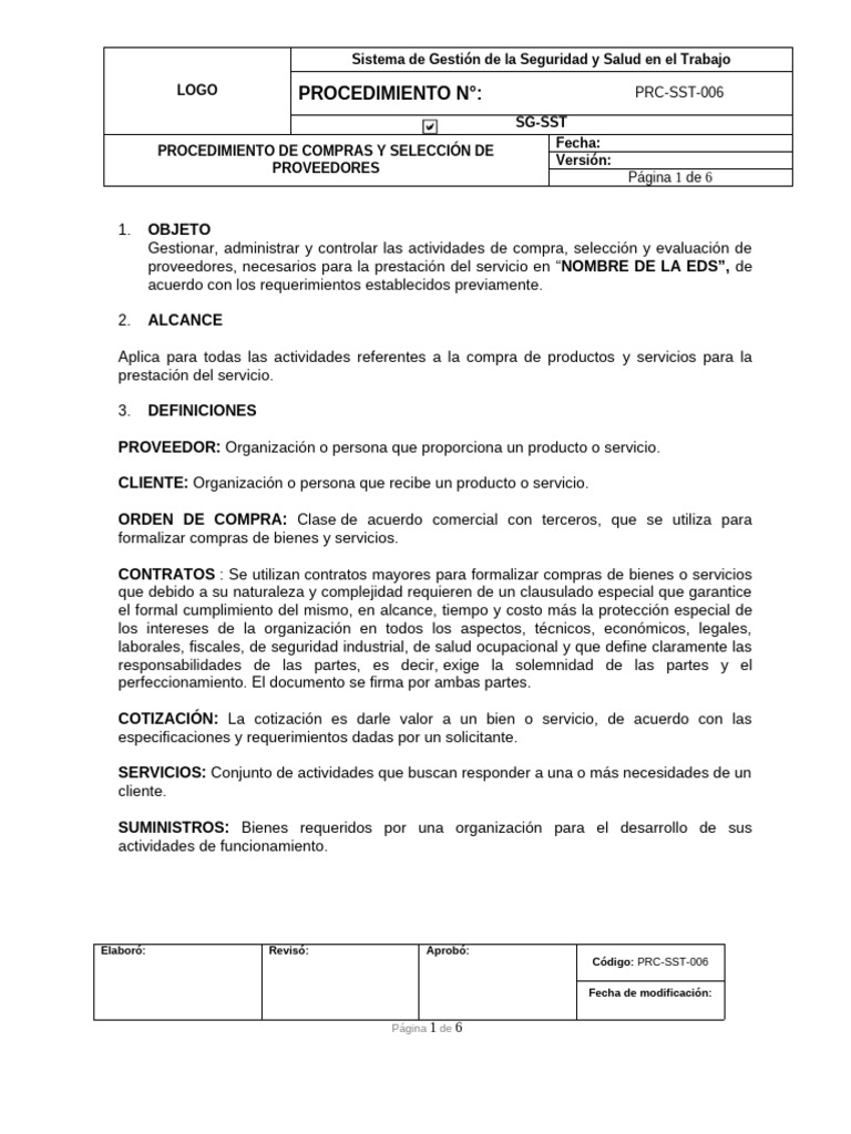 Procedimiento de Compras y Seleccion de Proveedores | PDF | Seguridad y salud ocupacional | Bienes