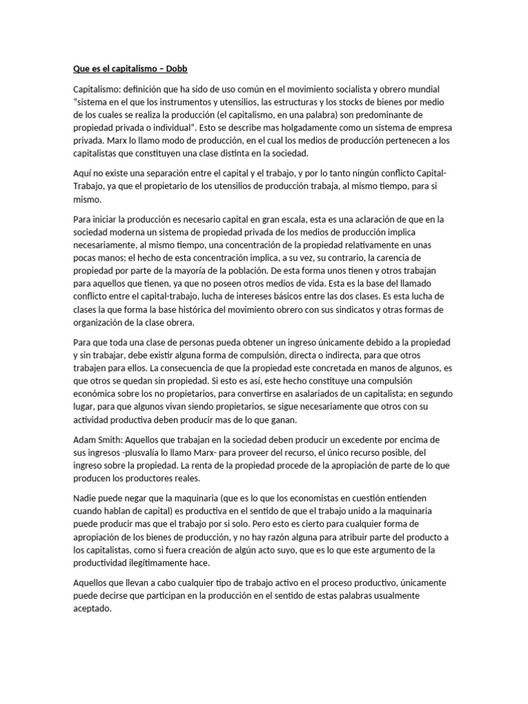 Dobb 1 y 2 - Resumen | PDF | Capitalismo | Capital (economía)