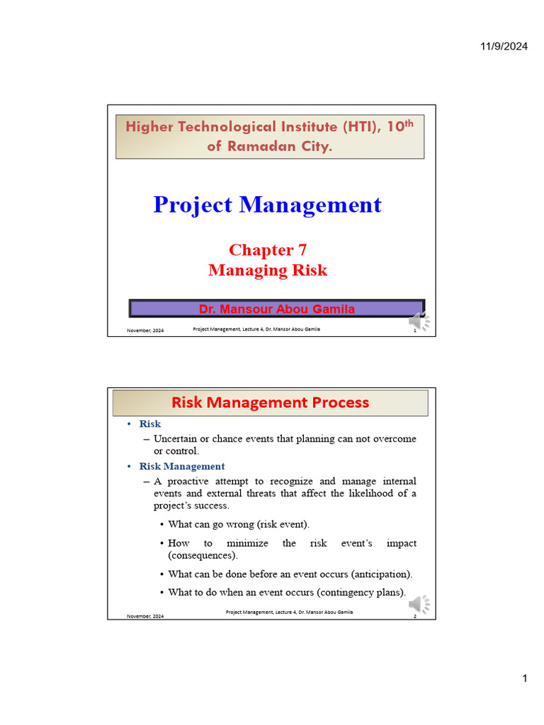 Project Management - Lecture 4- Chapter 7- Managing Risk | PDF | Risk | Variance