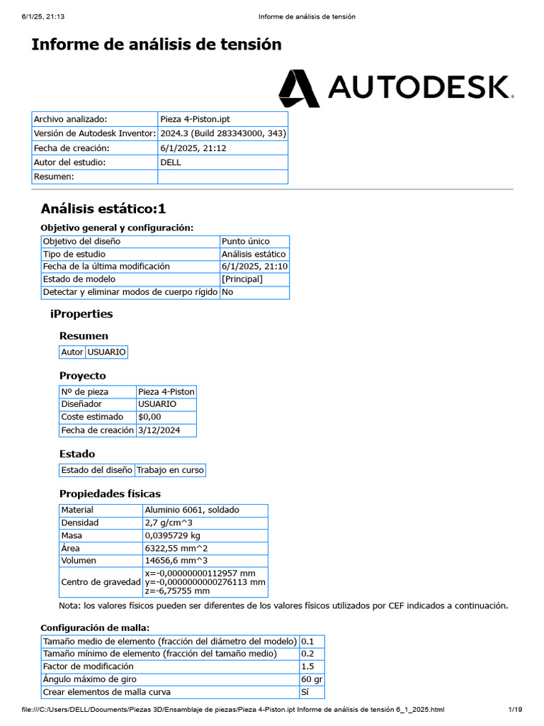 Informe de Análisis de Tensión de Un Piston | PDF | Estrés (Mecánica) | Pascal (Unidad)
